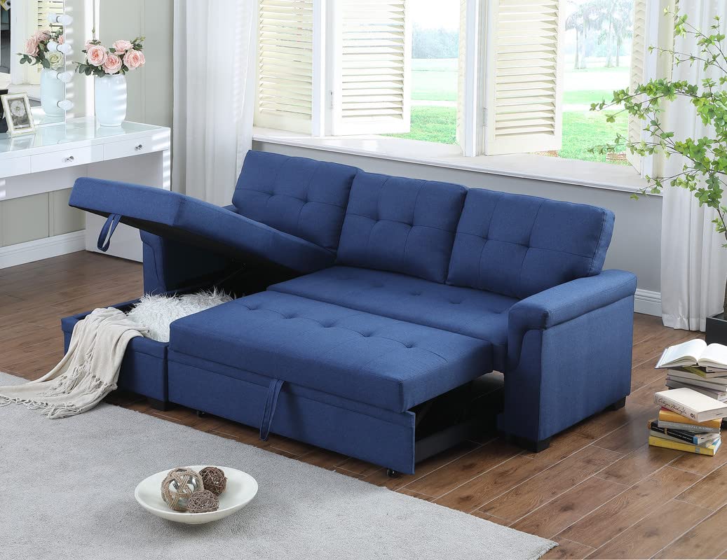 OPTOUGH L Shape Reversible Sectional Sofa Couch Pull Out Sleeper Bed with Storage Chaise for for Apartment, Living Room, Blue Linen