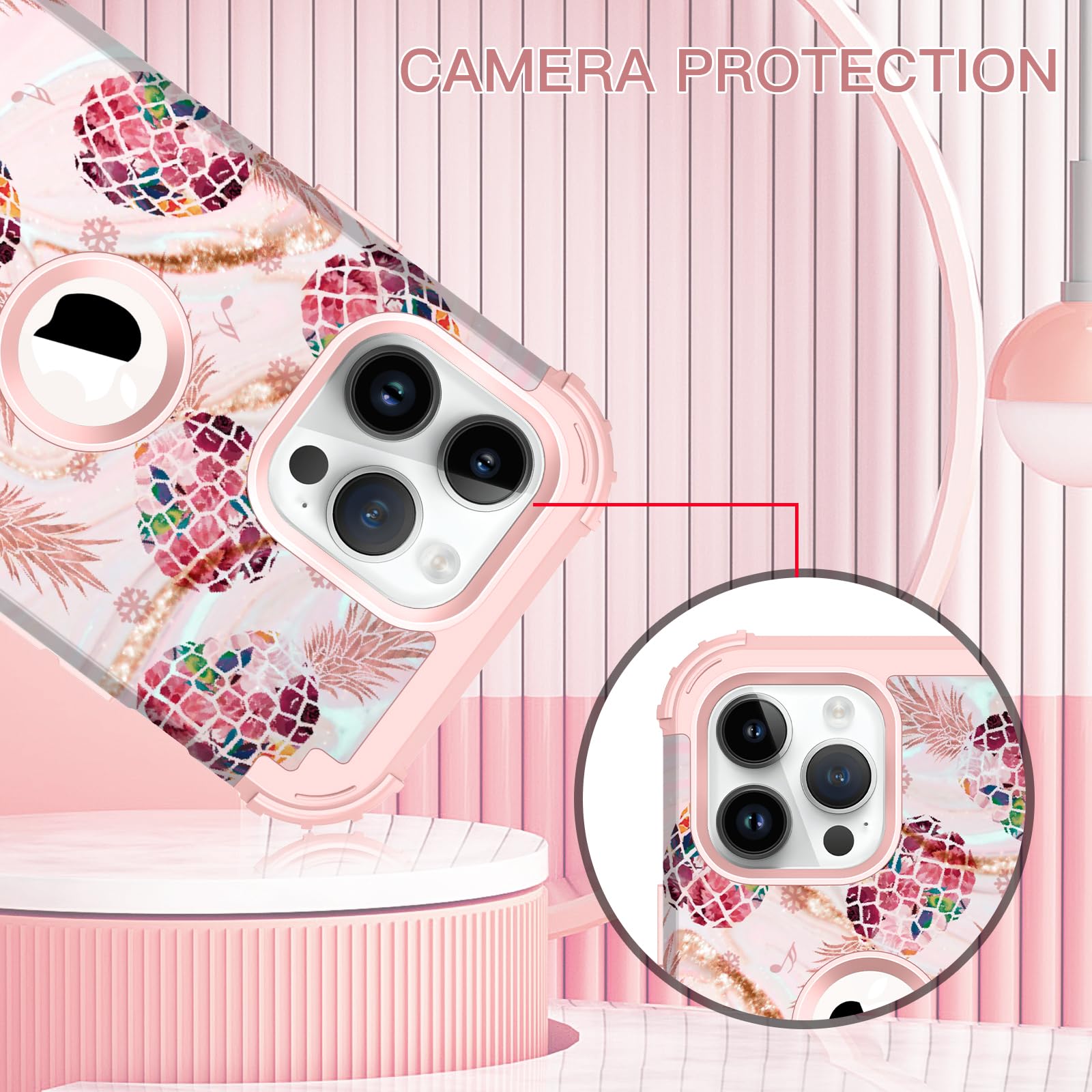 LONTECT for iPhone 14 Pro Max Case Shockproof 3 in 1 Heavy Duty Rugged Durable Protective Cover Hard Plastic Bumper +Soft Silicone Rubber Case for iPhone 14 Pro Max,Pineapple/Rose Gold