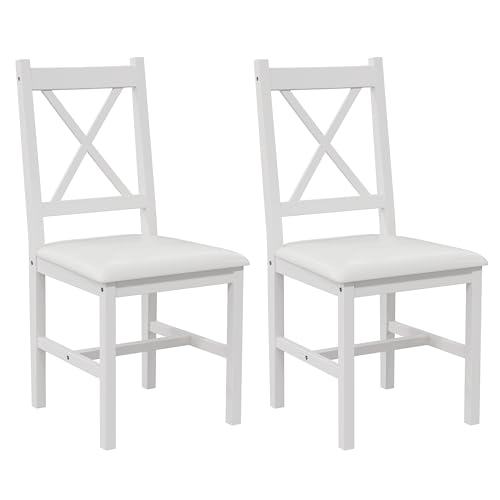 Dining Chair Set Of 2, Kitchen Dining Room Chair with PU Upholstered Seat, Farmhouse Modern Wood Chairs with Backrest for Restaurant, Living Room, Kitchen, X-Back Design, Easy Assembly (White, 2 PCS)