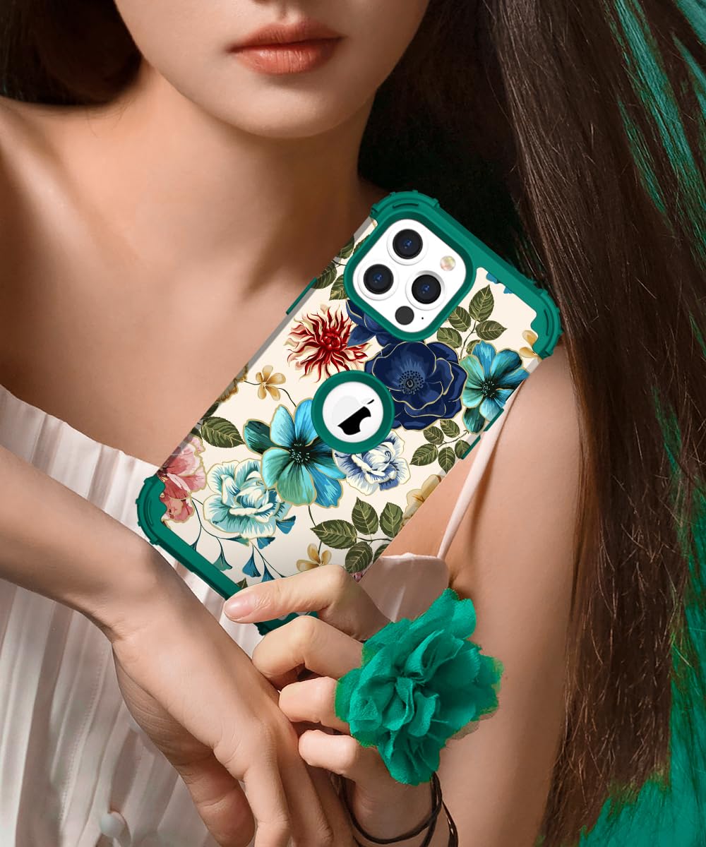 Hocase for iPhone 13 Pro Max Case, Heavy Duty Shockproof Protection Soft Silicone Rubber Bumper+Hard Plastic Hybrid Protective Case for iPhone 13 Pro Max (6.7") 2021 - Teal Flowers
