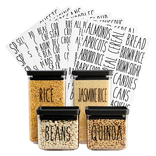 Talented Kitchen 136 Pantry Labels for Food Containers, Preprinted Clear Kitchen Food Labels for Organizing Storage Canisters & Jars, Black All Caps + Numbers Stickers (Water Resistant)