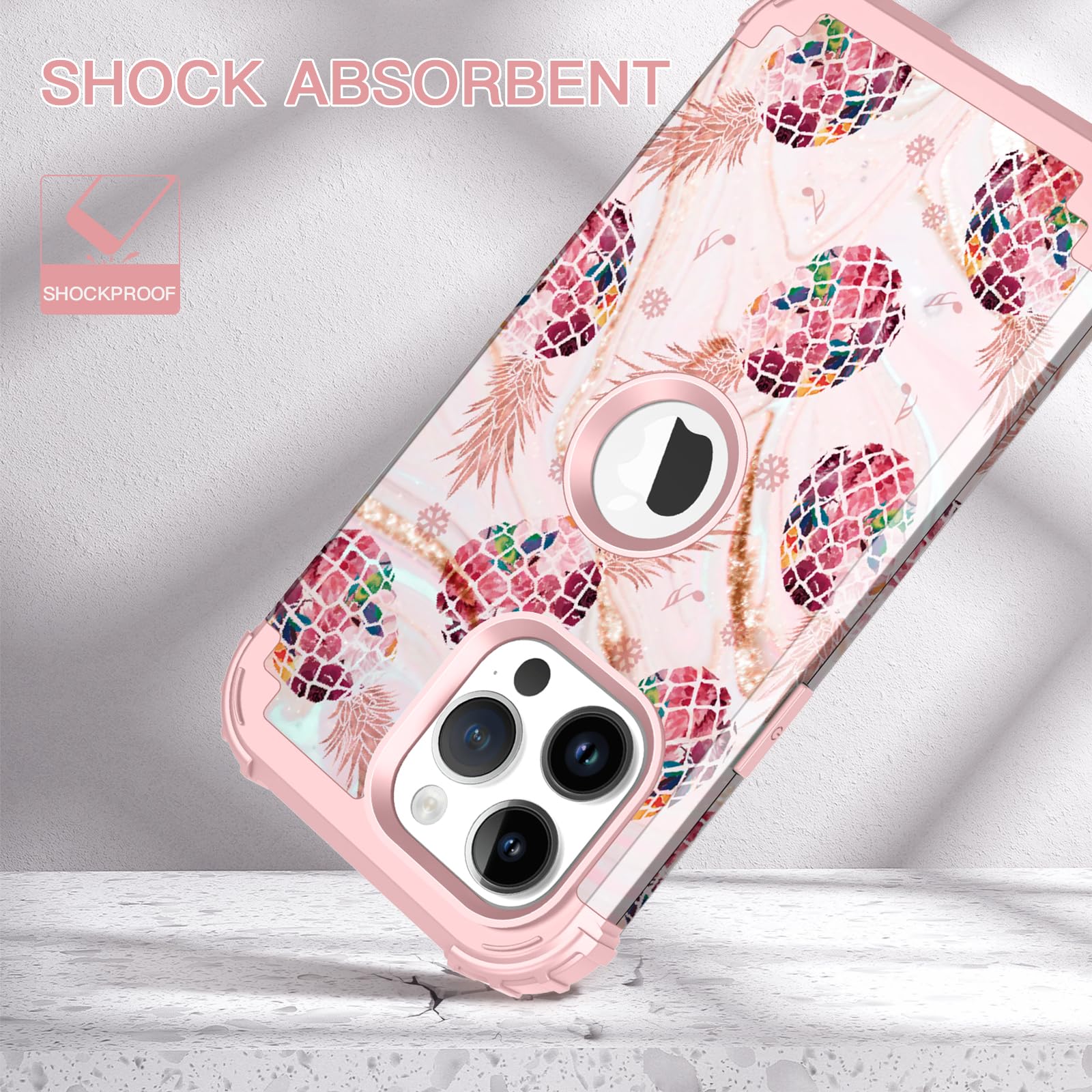 LONTECT for iPhone 14 Pro Max Case Shockproof 3 in 1 Heavy Duty Rugged Durable Protective Cover Hard Plastic Bumper +Soft Silicone Rubber Case for iPhone 14 Pro Max,Pineapple/Rose Gold