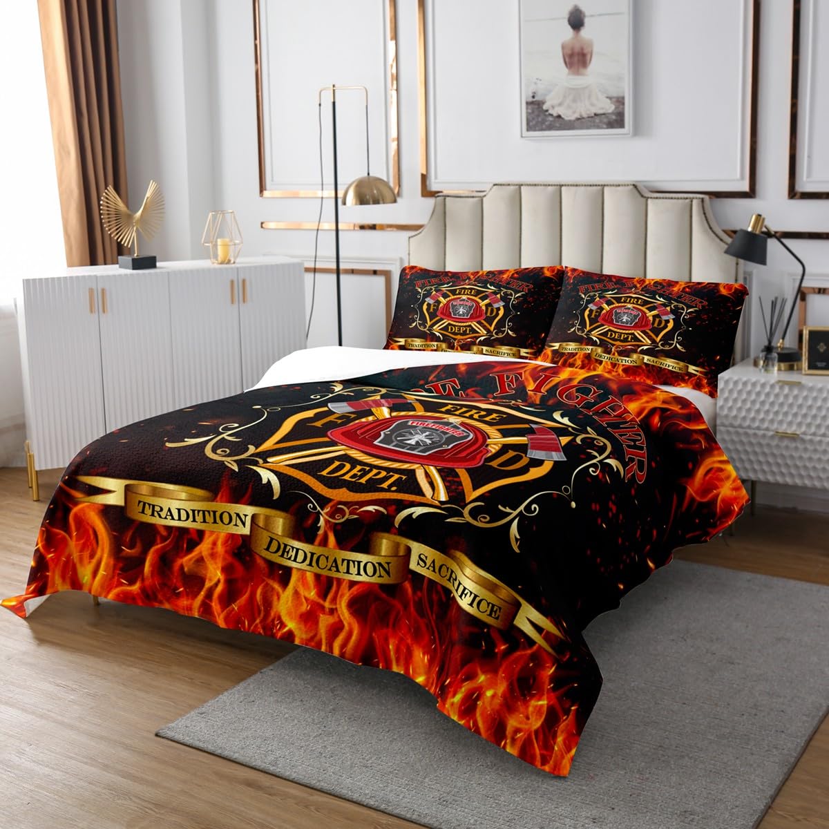 3 Piece Firefighter Theme Quilt Bedding Set Women Aldult Lightweight Bedding Burning Flame Bedspread Set Fireman Sign Bedspread Coverlet Soft Microfiber Home Quilt Set for King Bed All Season