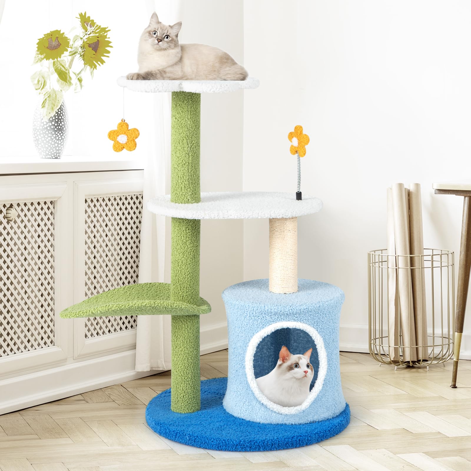 Tangkula Cute Cat Tree, Flower Cat Tower with Sisal Scratching Post, Plush Leaf-Shaped Perch, Roomy Condo, Fluffy Spring Ball & Jingling Ball, Small Cat Tree for Indoor Cats 20 lbs Heavy Duty