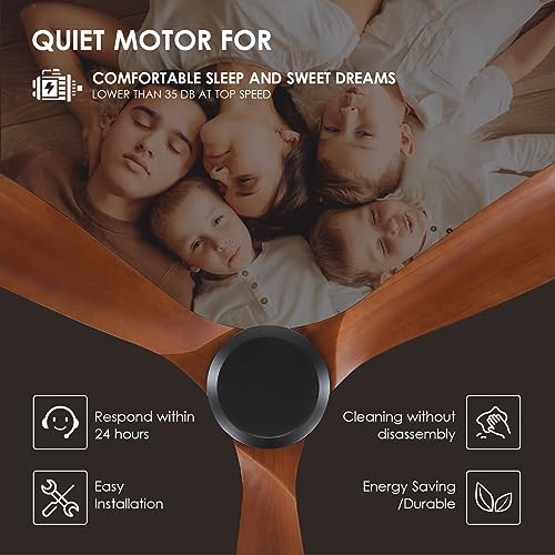 Mpayel 60" Ceiling Fan, Flush Mount Outdoor Ceiling Fan with 3 Walnut Wood Blades, Reversible and Timing, No Light for Indoor Bedroom, Outdoor Covered Patios, Backyard