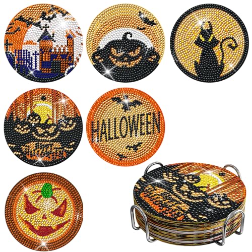 7 FloFairy Diamond Painting Coasters with Holder, Halloween DIY Diamond Art Kits for Beginners, Adults, Kids Small Diamond Painting Kit Art Craft Holiday Supplies (6PCS)