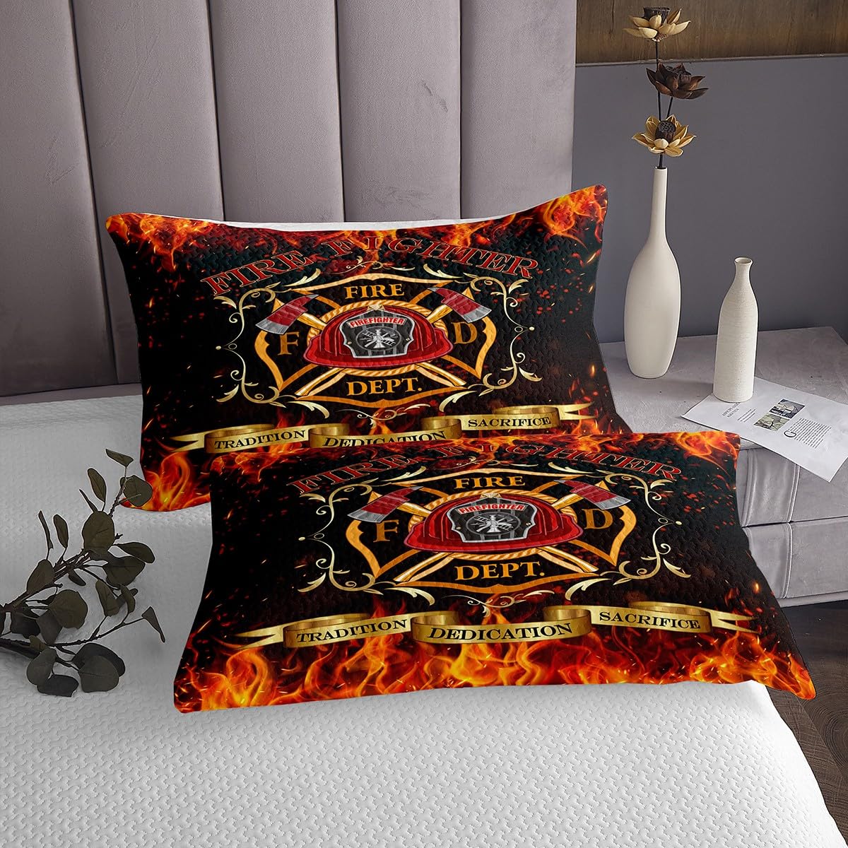 3 Piece Firefighter Theme Quilt Bedding Set Women Aldult Lightweight Bedding Burning Flame Bedspread Set Fireman Sign Bedspread Coverlet Soft Microfiber Home Quilt Set for King Bed All Season