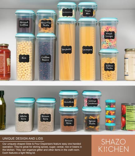 Shazo LARGEST Set of 40 Pc Food Storage Containers (20 Container Set) Airtight Dry Food Space Saver w Interchangeable Lid, Labels + Marker - One Lid Fits All - Reusable