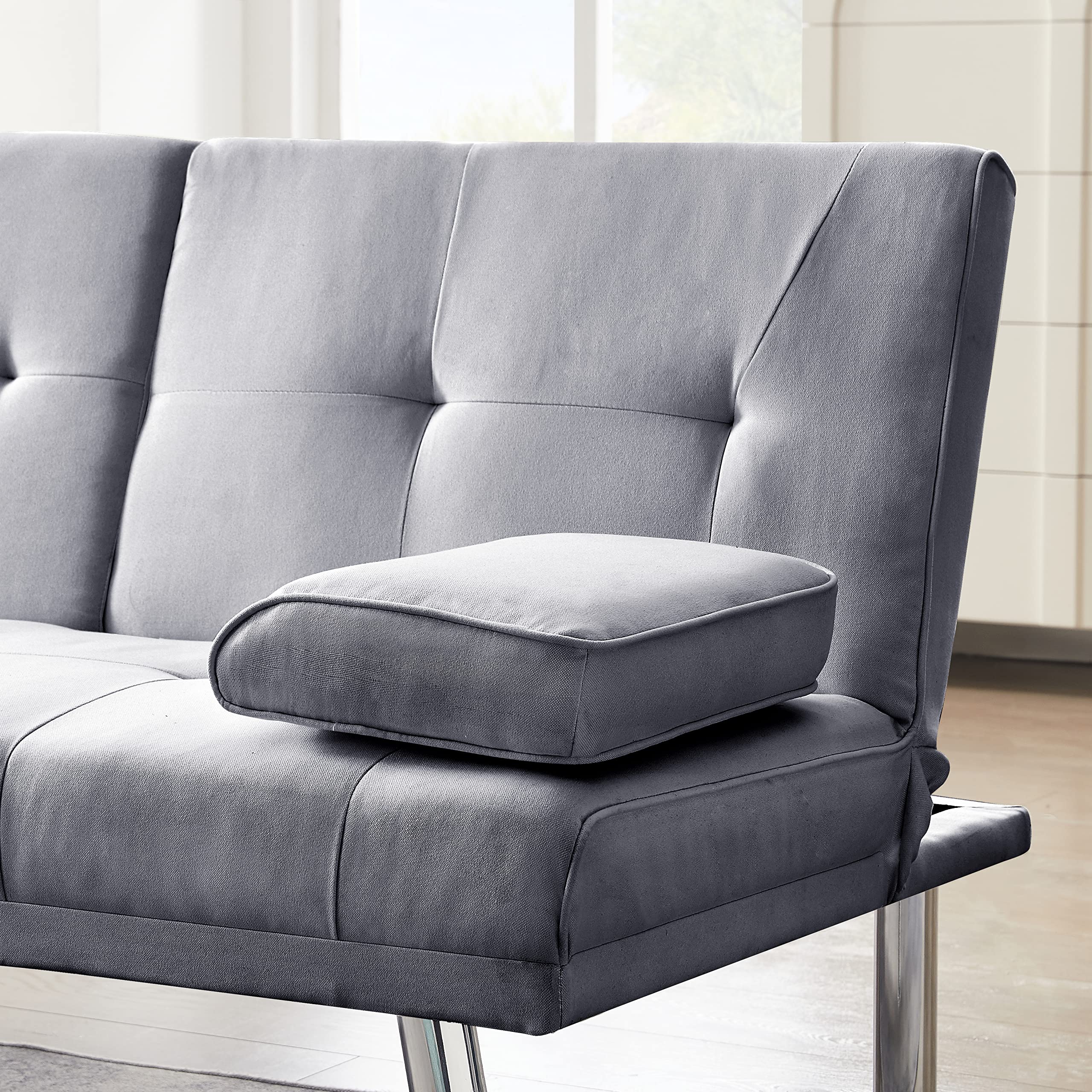 Verfur Convertible Futon Bed with Cupholders,Modern Upholstered Loveseat Sleeper, Folding Lounge Recliner Comfy Sofa & Couches with Removable Soft Armrest for Small Places, Gray