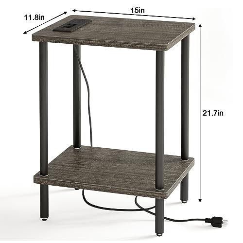 Fixwal 2-Tier Nightstand with Charging Station, End Table Set of 2, Side Table with USB Ports and Power Outlets, Side Table for Living Room, Bedroom, Grey and Black