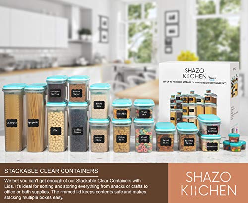 Shazo LARGEST Set of 40 Pc Food Storage Containers (20 Container Set) Airtight Dry Food Space Saver w Interchangeable Lid, Labels + Marker - One Lid Fits All - Reusable