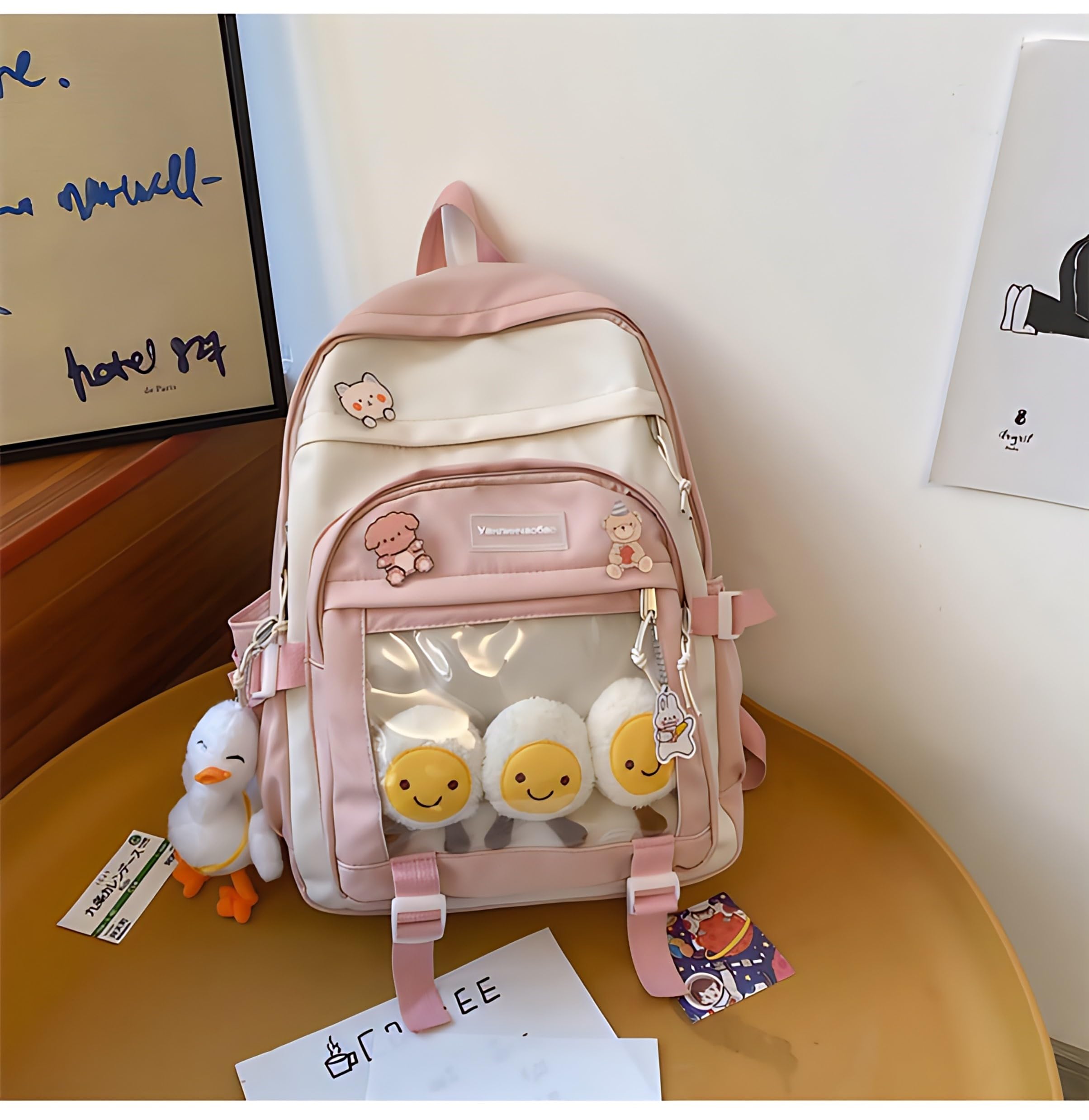 TULDYS Kawaii Backpack with Cute Accessories Aesthetics Bookbag (Pink)