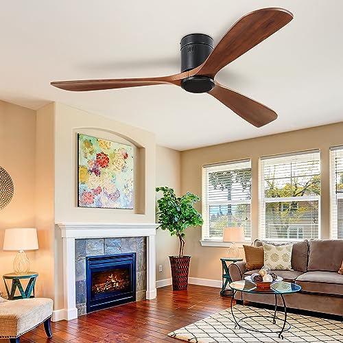 Mpayel 60" Ceiling Fan, Flush Mount Outdoor Ceiling Fan with 3 Walnut Wood Blades, Reversible and Timing, No Light for Indoor Bedroom, Outdoor Covered Patios, Backyard
