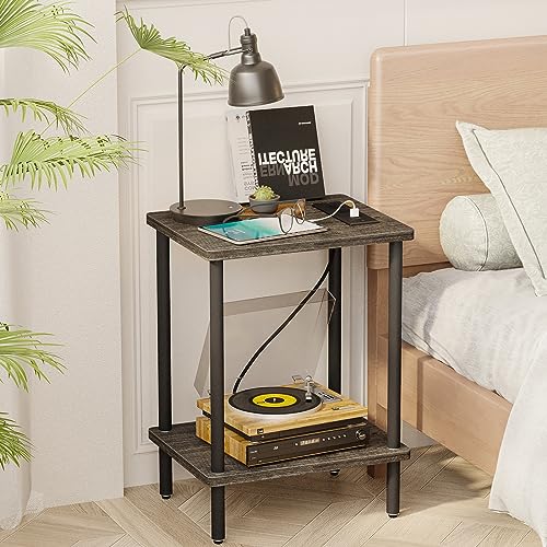 Fixwal 2-Tier Nightstand with Charging Station, End Table Set of 2, Side Table with USB Ports and Power Outlets, Side Table for Living Room, Bedroom, Grey and Black