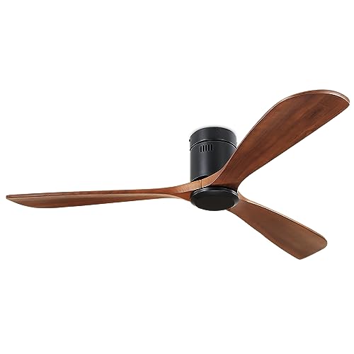 Mpayel 60" Ceiling Fan, Flush Mount Outdoor Ceiling Fan with 3 Walnut Wood Blades, Reversible and Timing, No Light for Indoor Bedroom, Outdoor Covered Patios, Backyard