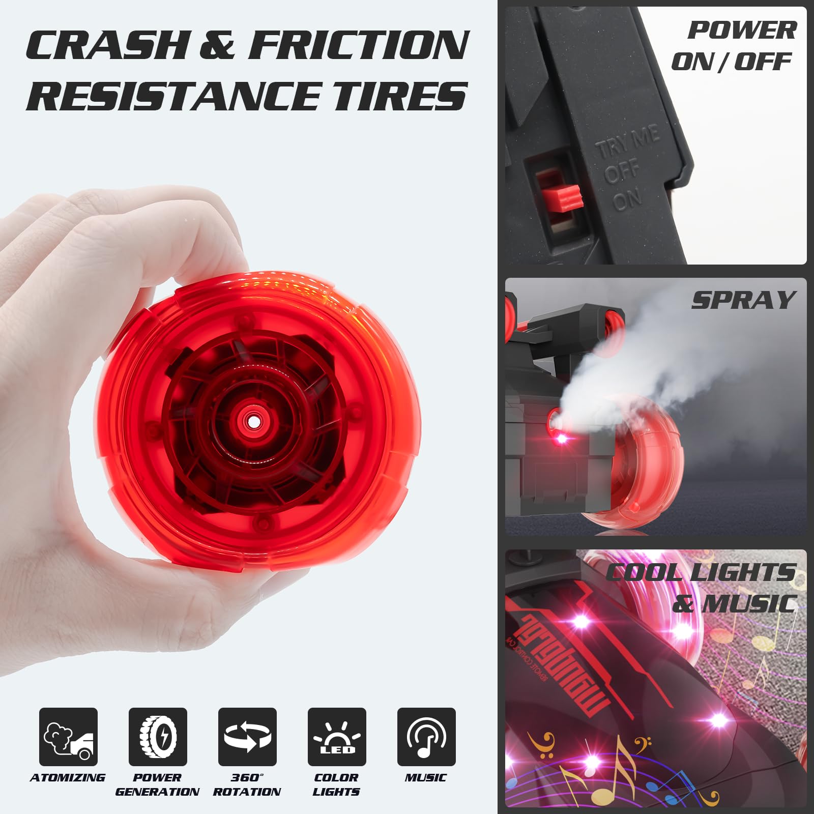 【2023 Latest Model】Remote Control Car, RC Cars with Electromagnetic Light-up Tires, 2.4Ghz 360° Rotating and Tumbling RC Stunt Car with Music&Simulated Engine Sound,Toy Car for Boys 4-7,8-12,Xmas Gift