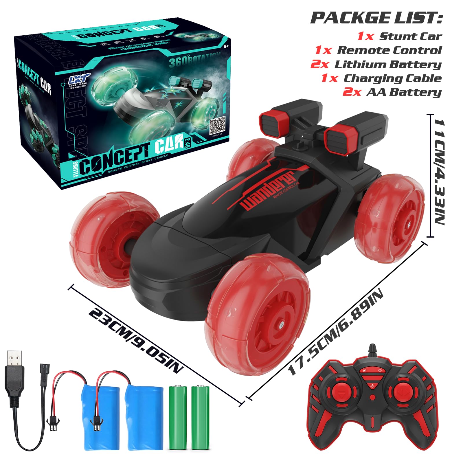 【2023 Latest Model】Remote Control Car, RC Cars with Electromagnetic Light-up Tires, 2.4Ghz 360° Rotating and Tumbling RC Stunt Car with Music&Simulated Engine Sound,Toy Car for Boys 4-7,8-12,Xmas Gift