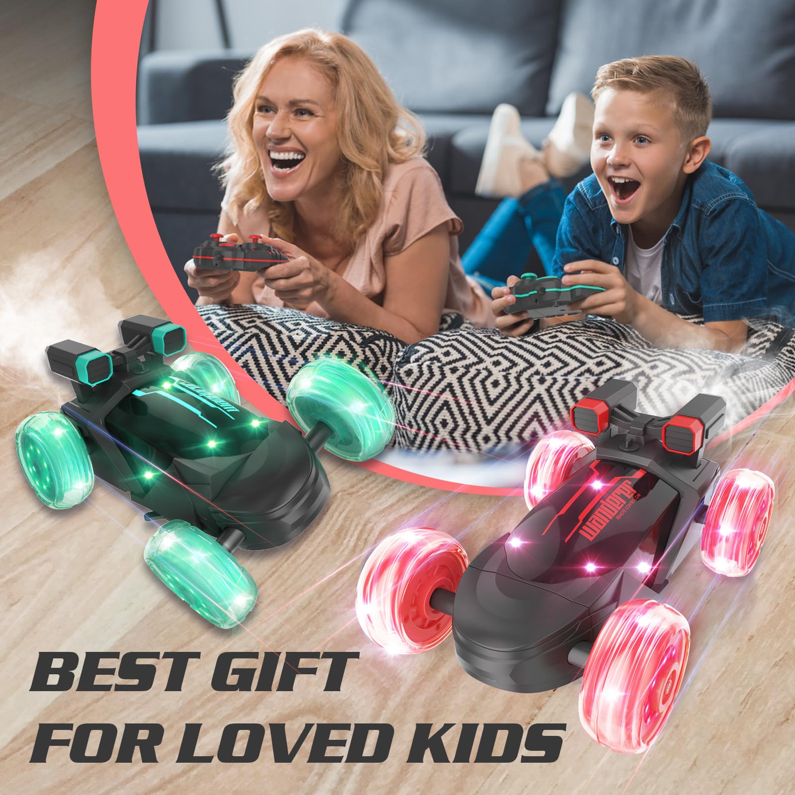 【2023 Latest Model】Remote Control Car, RC Cars with Electromagnetic Light-up Tires, 2.4Ghz 360° Rotating and Tumbling RC Stunt Car with Music&Simulated Engine Sound,Toy Car for Boys 4-7,8-12,Xmas Gift