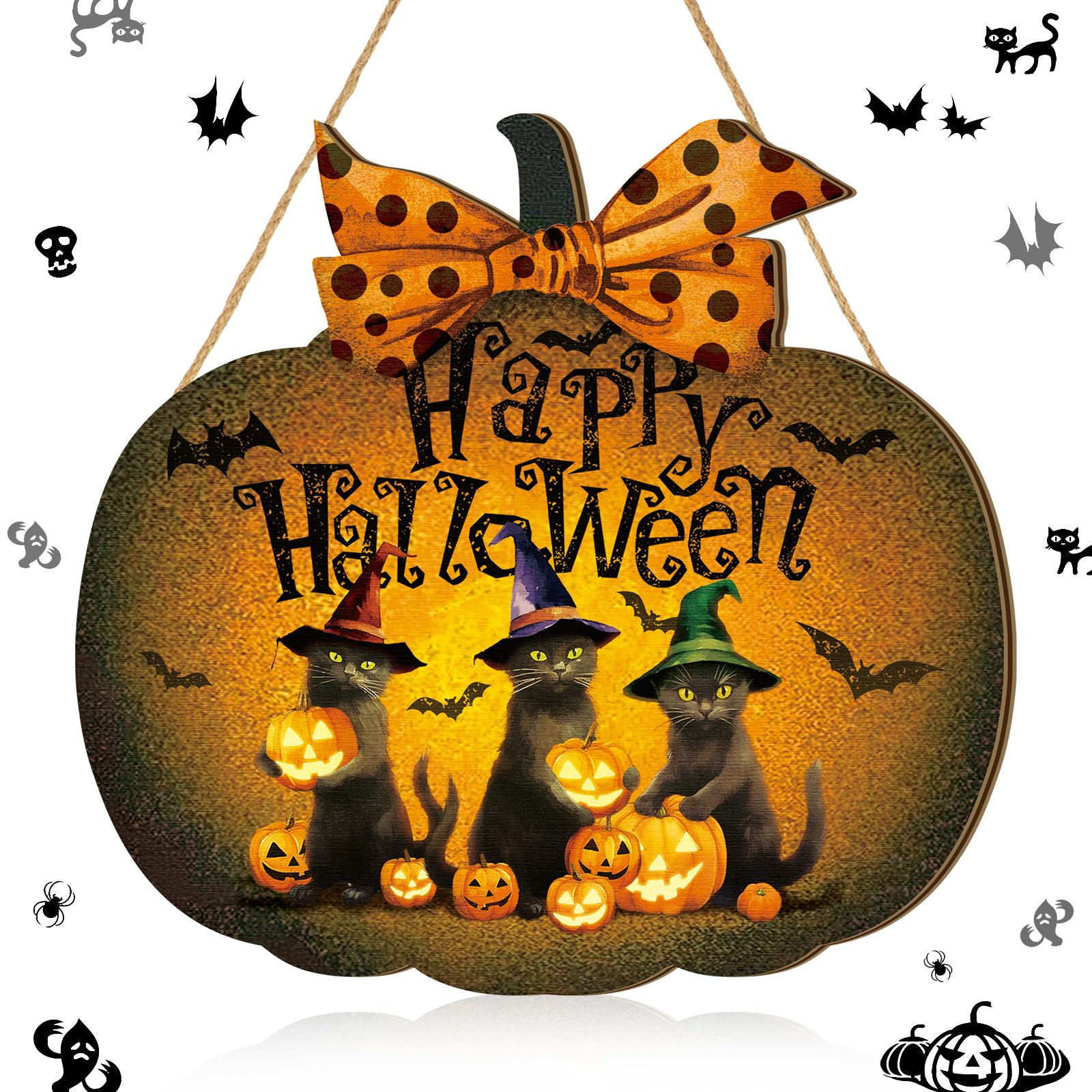 Huwena Halloween Welcome Door Sign Hanging Sign Wood Vintage Rustic Door Hanger Decor Halloween Horror Pattern Welcome Front Door Sign Wall Decoration for Indoor Outdoor Party (Black Cat Style)
