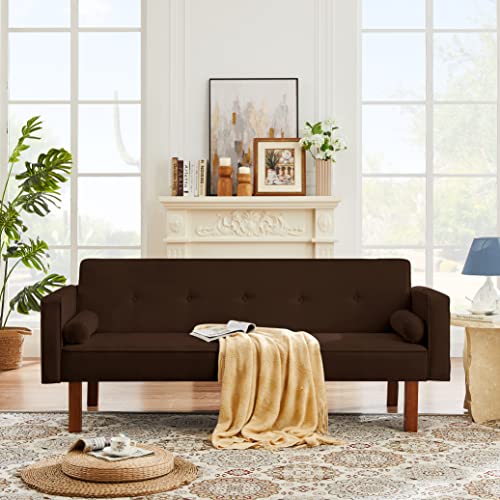 FULife Convertible Loveseat Sofa Bed Sleeper Daybed,Modern Upholstered Folding Recliner,Small Futon Sofá,2 Seaters Couches with Two Pillows for Living Room/Office/Aparment/Place, Brown 74.4" w