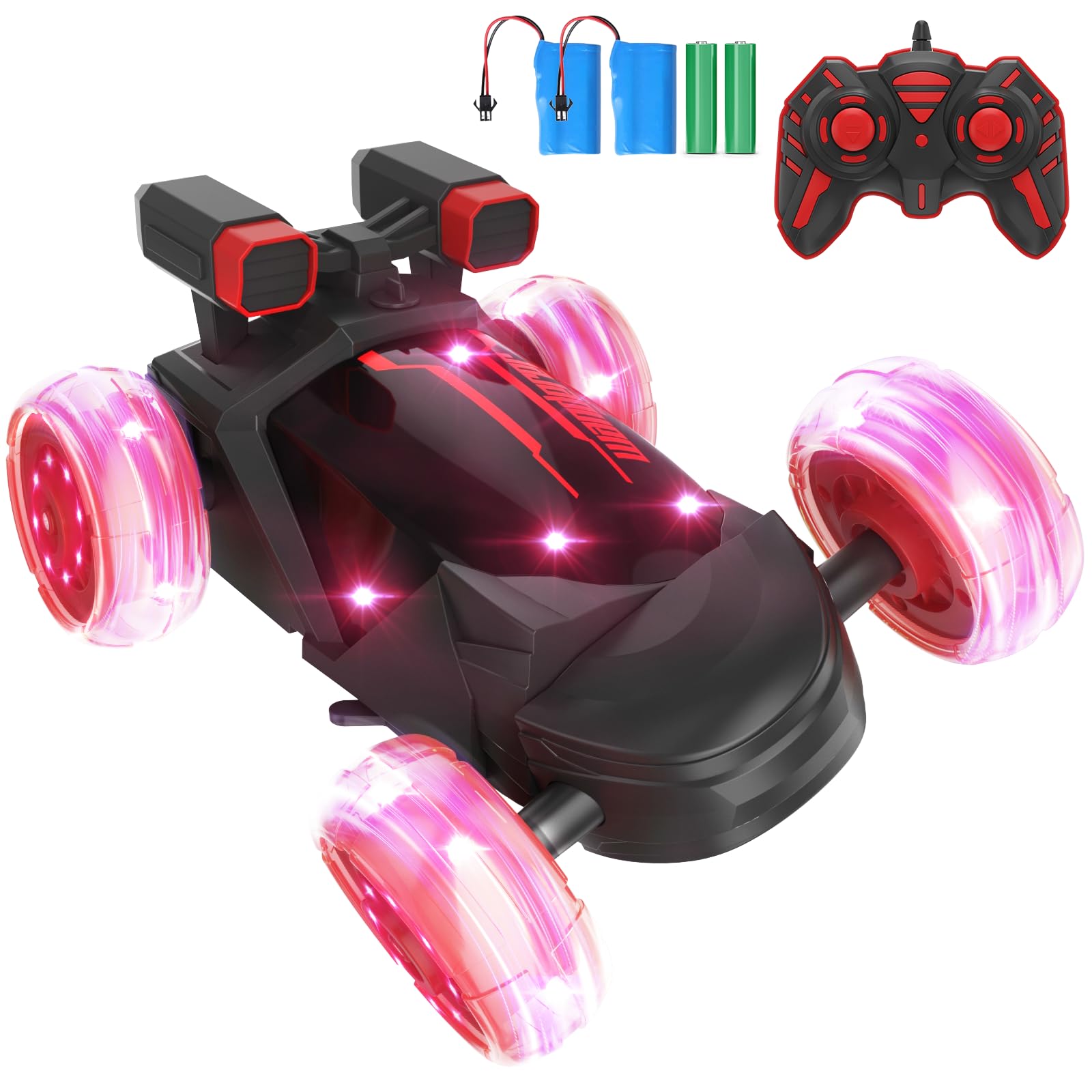 【2023 Latest Model】Remote Control Car, RC Cars with Electromagnetic Light-up Tires, 2.4Ghz 360° Rotating and Tumbling RC Stunt Car with Music&Simulated Engine Sound,Toy Car for Boys 4-7,8-12,Xmas Gift
