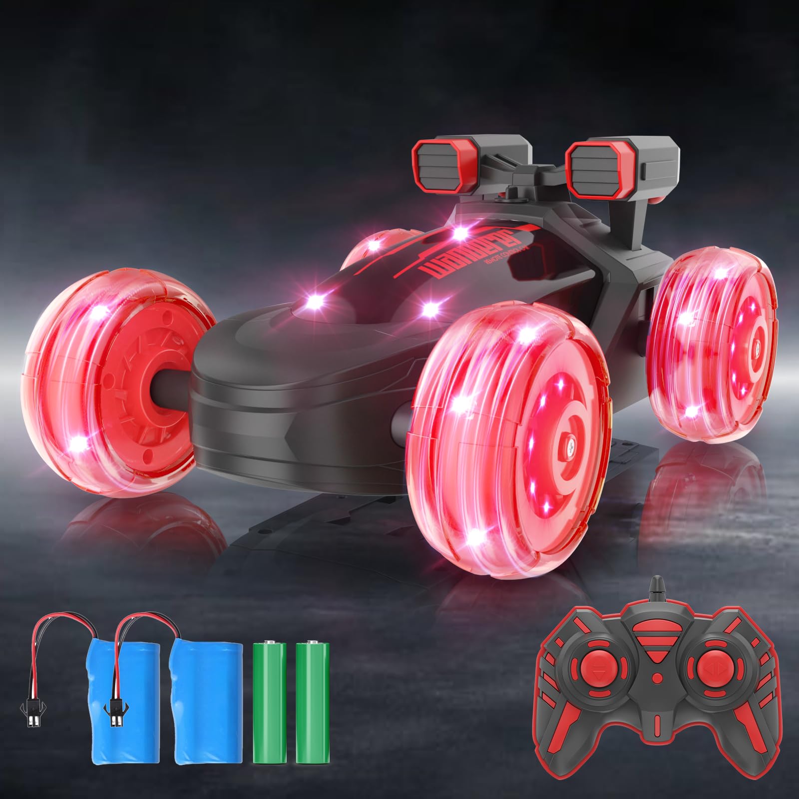 【2023 Latest Model】Remote Control Car, RC Cars with Electromagnetic Light-up Tires, 2.4Ghz 360° Rotating and Tumbling RC Stunt Car with Music&Simulated Engine Sound,Toy Car for Boys 4-7,8-12,Xmas Gift