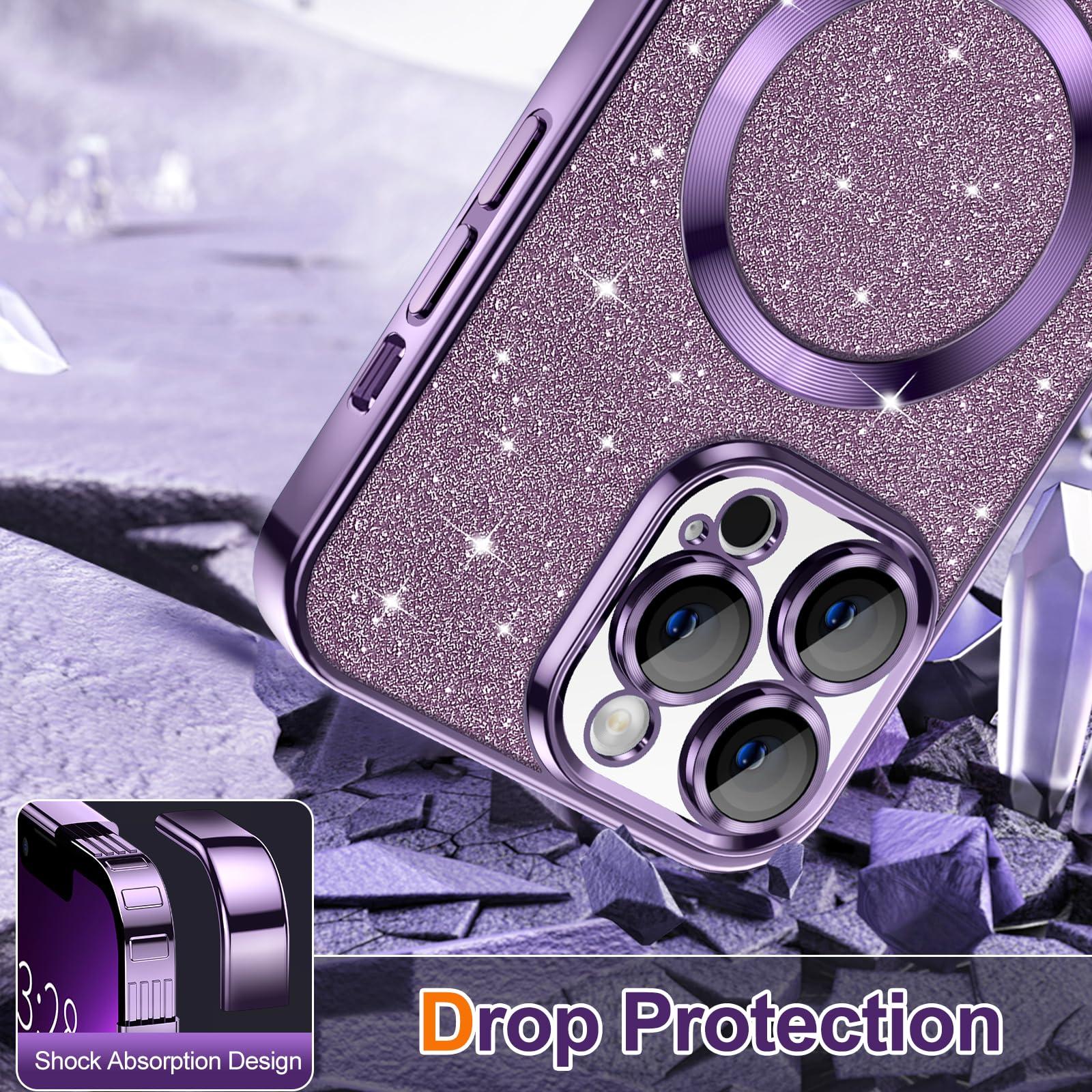 Hython for iPhone 13 Pro Max Case Glitter, Clear Magnetic Phone Cases with Camera Lens Protector [Compatible with MagSafe] Bling Sparkle Plating Soft TPU Slim Shockproof Protective Cover Women-Purple