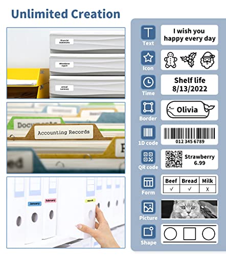 Phomemo D30 Label Maker Machine with 4 Tapes - Black on Clear, White Tape, Mini Bluetooth Label Printer, Portable Smart Phone Handheld Sticker Mini Labeler Inkless Rechargeable, BPA-Free
