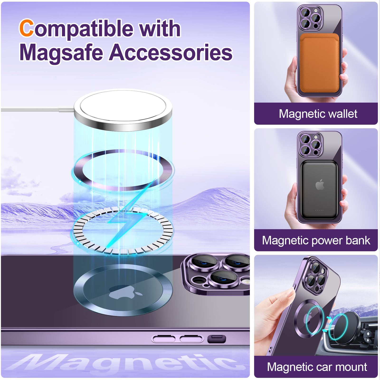 Hython for iPhone 13 Pro Max Case Glitter, Clear Magnetic Phone Cases with Camera Lens Protector [Compatible with MagSafe] Bling Sparkle Plating Soft TPU Slim Shockproof Protective Cover Women-Purple