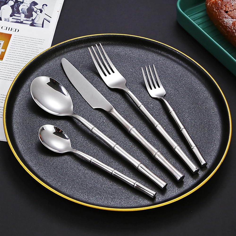 60 Piece Bamboo Shaped Flatware Set Service for 12, 18/10 Stainless Steel Bamboo Handle Silverware Cutlery Set For Home Kitchen Hotel Utensils, Mirror Polished, Dishwasher Safe