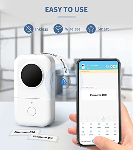 Phomemo D30 Label Maker Machine with 4 Tapes - Black on Clear, White Tape, Mini Bluetooth Label Printer, Portable Smart Phone Handheld Sticker Mini Labeler Inkless Rechargeable, BPA-Free