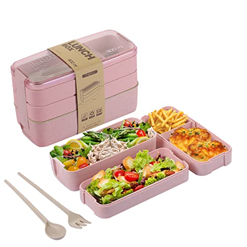 Bento Box Lunch Box for Adults Kids, AsFrost 3-In-1 Compartment Containers - Wheat Straw, Leakproof Eco-Friendly Bento Lunch Box Meal Prep Containers Microwave Safe (Pink)
