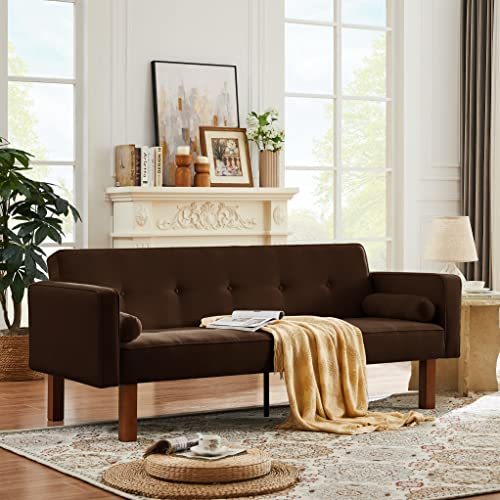 FULife Convertible Loveseat Sofa Bed Sleeper Daybed,Modern Upholstered Folding Recliner,Small Futon Sofá,2 Seaters Couches with Two Pillows for Living Room/Office/Aparment/Place, Brown 74.4" w