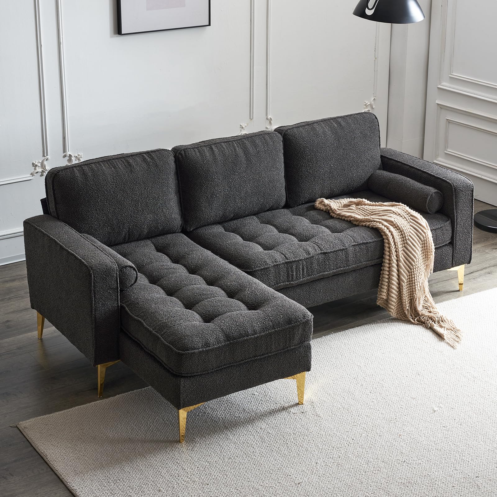 VINGLI 85.8" Convertible Sectional Sofa with Deep Seat,Modern L Shape Sectional Couches for Living Room,Sectional Sofas with Reversible Chaise (Boucle, Dark Grey)