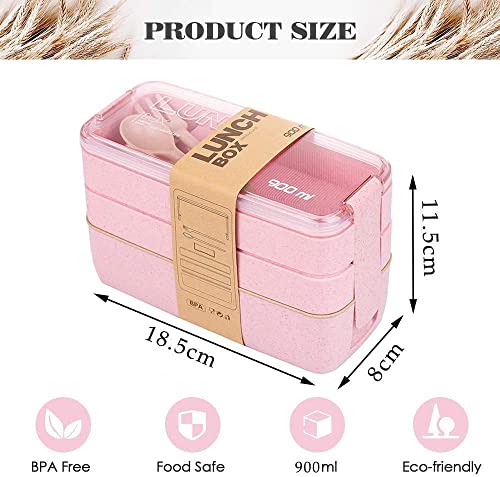 Bento Box Lunch Box for Adults Kids, AsFrost 3-In-1 Compartment Containers - Wheat Straw, Leakproof Eco-Friendly Bento Lunch Box Meal Prep Containers Microwave Safe (Pink)