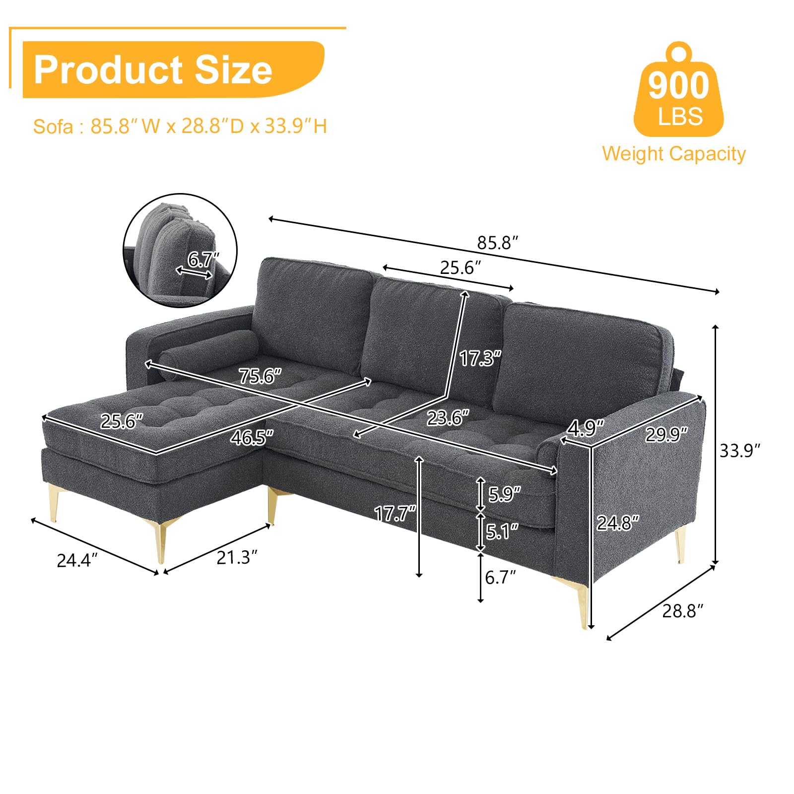 VINGLI 85.8" Convertible Sectional Sofa with Deep Seat,Modern L Shape Sectional Couches for Living Room,Sectional Sofas with Reversible Chaise (Boucle, Dark Grey)