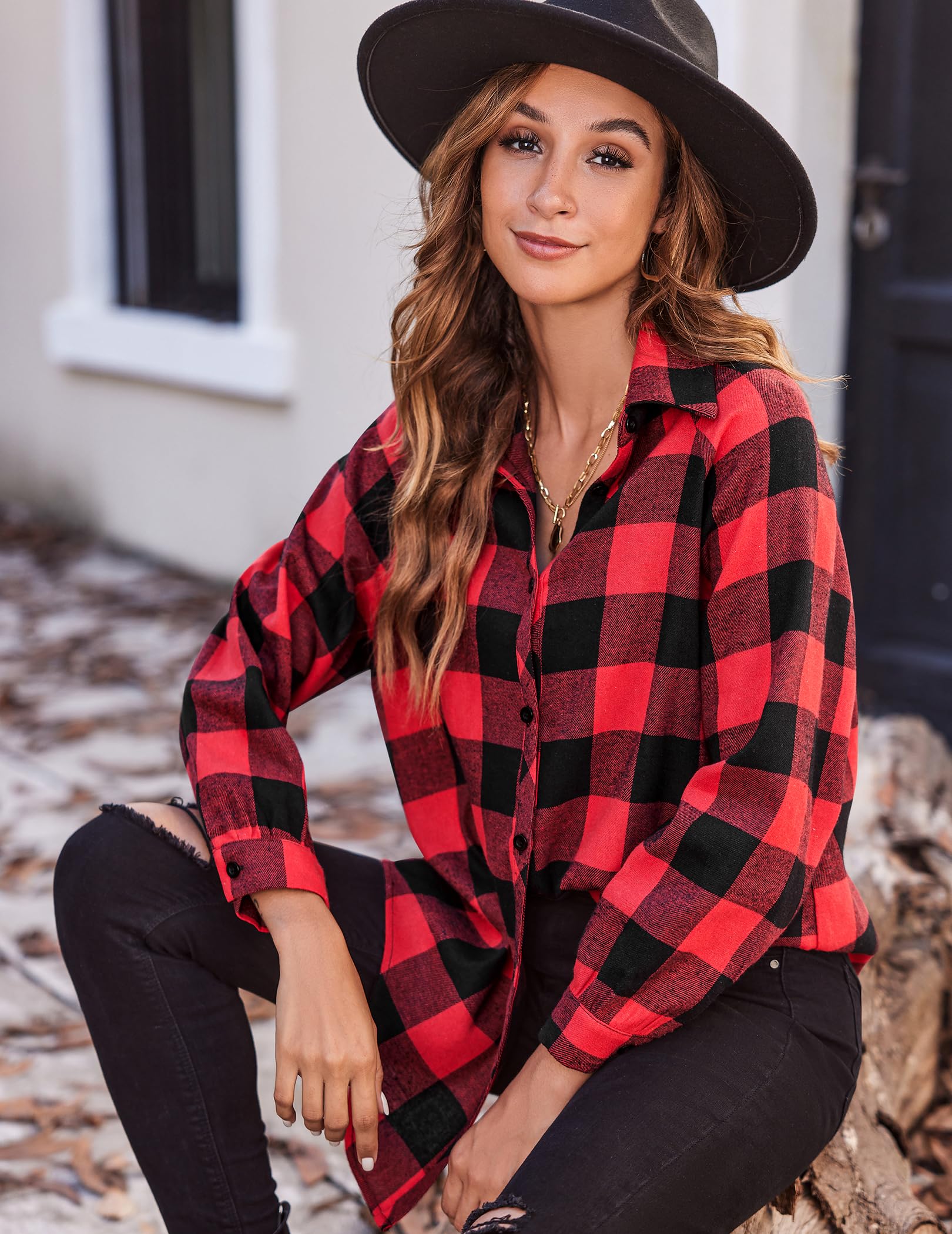 Zeagoo Womens Flannel Plaid Shirts Long Sleeve Boyfriend Shirt Button Down Blouses