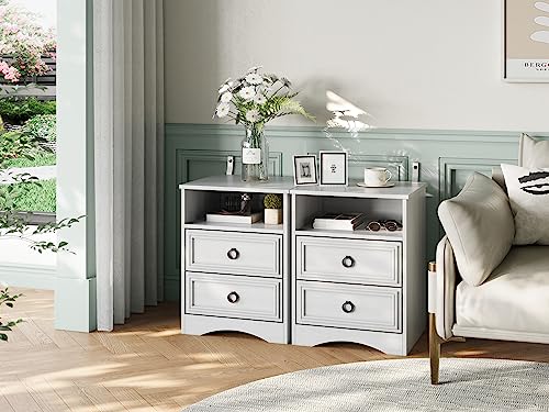 HolliWill Nightstand Set of 2, Night Stand with Drawers, Accent Bed Side Table and End Table with Open Storage for Bedroom, Living Room, White