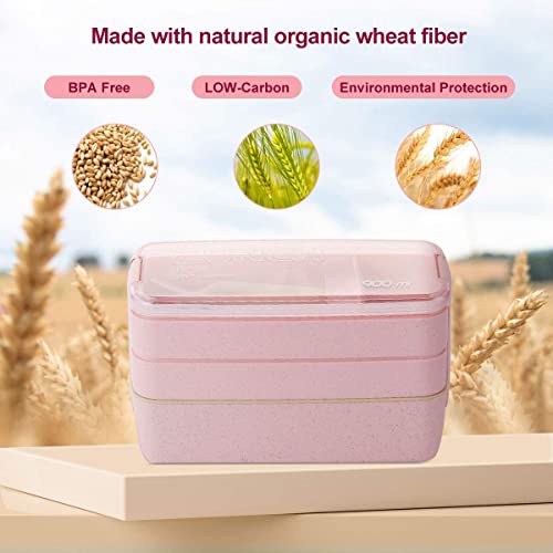 Bento Box Lunch Box for Adults Kids, AsFrost 3-In-1 Compartment Containers - Wheat Straw, Leakproof Eco-Friendly Bento Lunch Box Meal Prep Containers Microwave Safe (Pink)