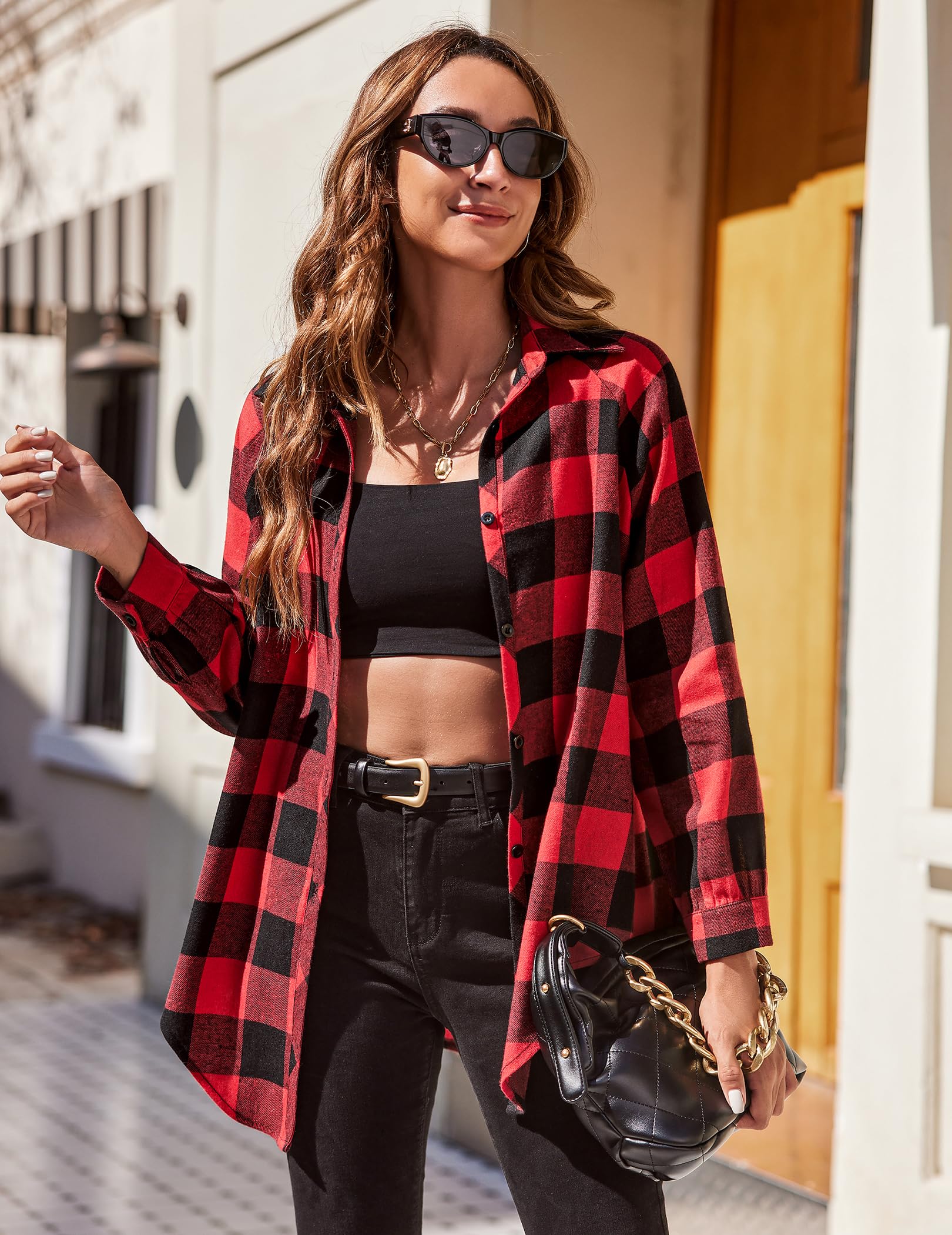 Zeagoo Womens Flannel Plaid Shirts Long Sleeve Boyfriend Shirt Button Down Blouses