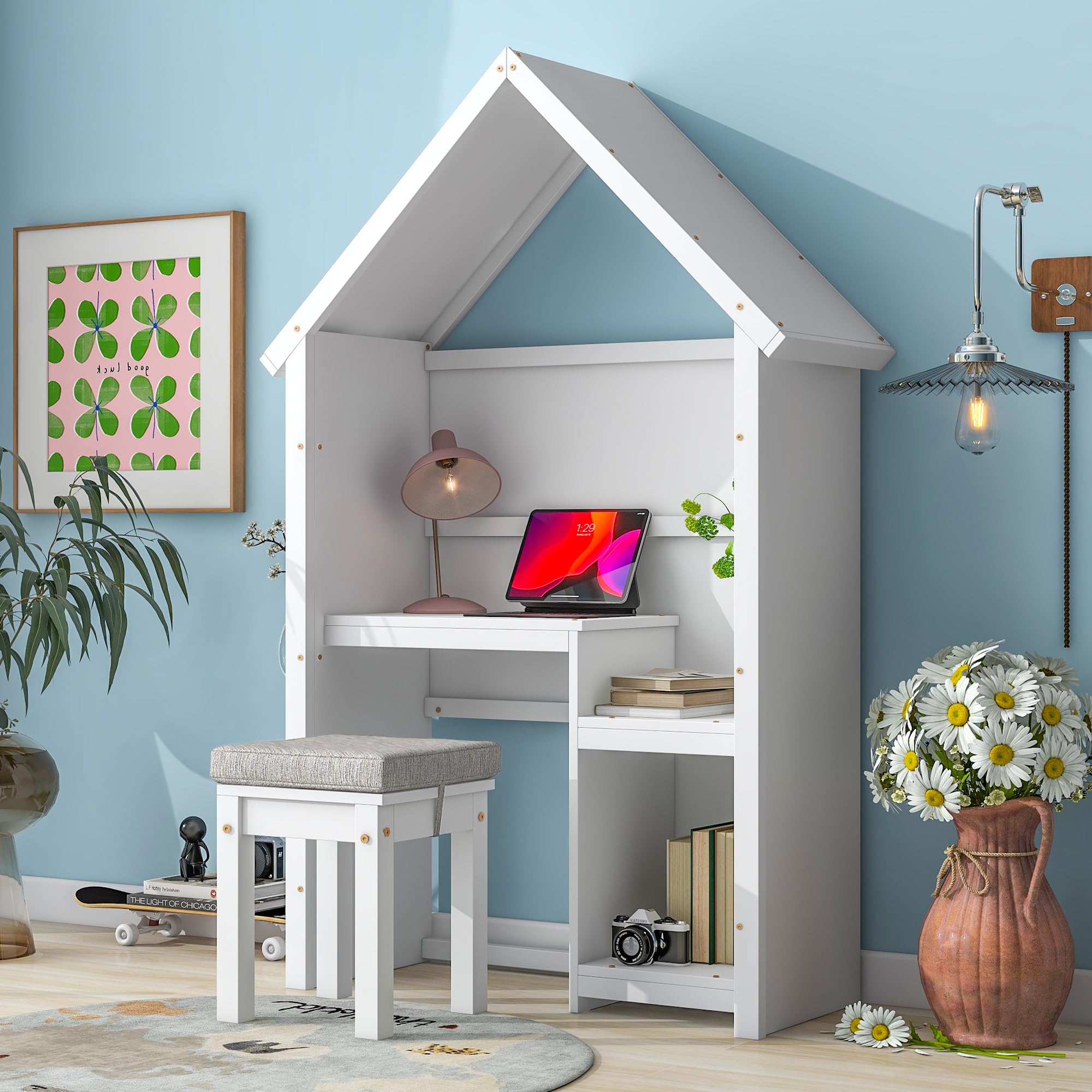 Bellemave Kids Desk and Chair Set Wood Study Desk with Storage and Cushion Stool House Shaped Art Table for Girls Boys Children, White