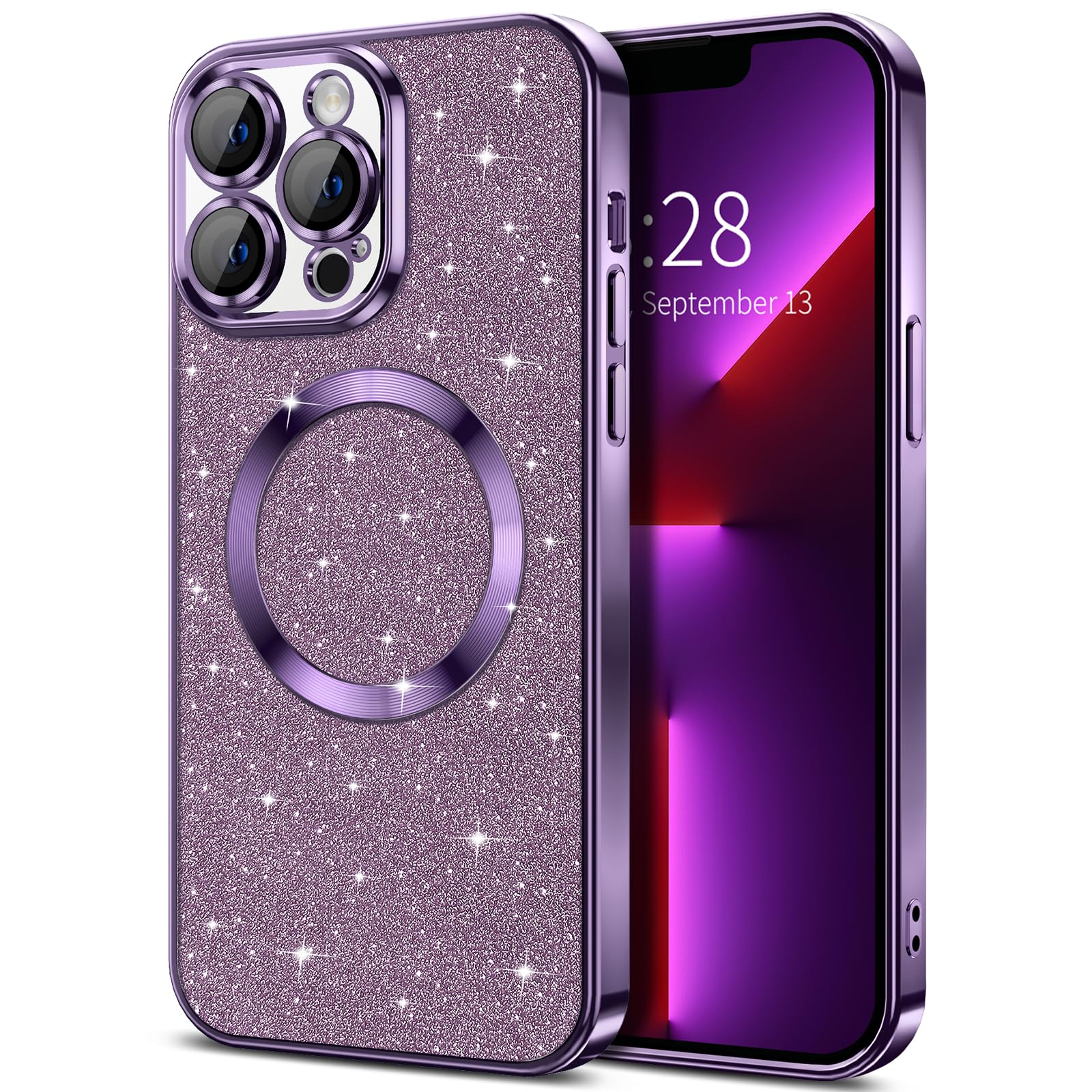 Hython for iPhone 13 Pro Max Case Glitter, Clear Magnetic Phone Cases with Camera Lens Protector [Compatible with MagSafe] Bling Sparkle Plating Soft TPU Slim Shockproof Protective Cover Women-Purple
