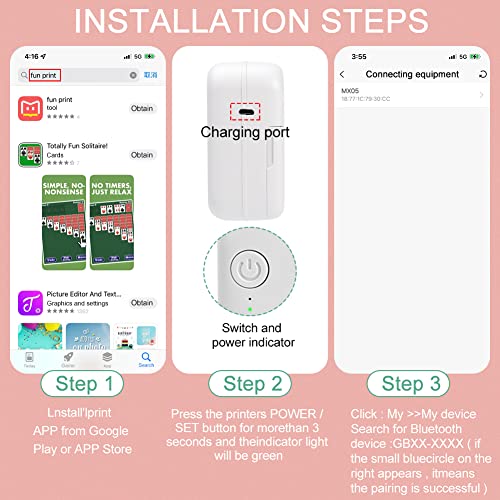 NINEFOX Portable Thermal Printer, Pocket Printer with 13 Rolls Paper Bluetooth Wireless Smart Printer Compatible with iOS + Android for Photo Office Label Study Notes Kids Gift