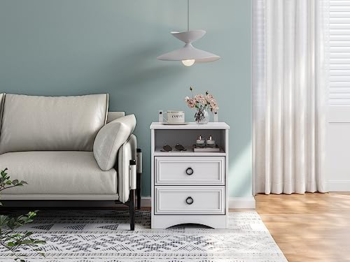 HolliWill Nightstand Set of 2, Night Stand with Drawers, Accent Bed Side Table and End Table with Open Storage for Bedroom, Living Room, White