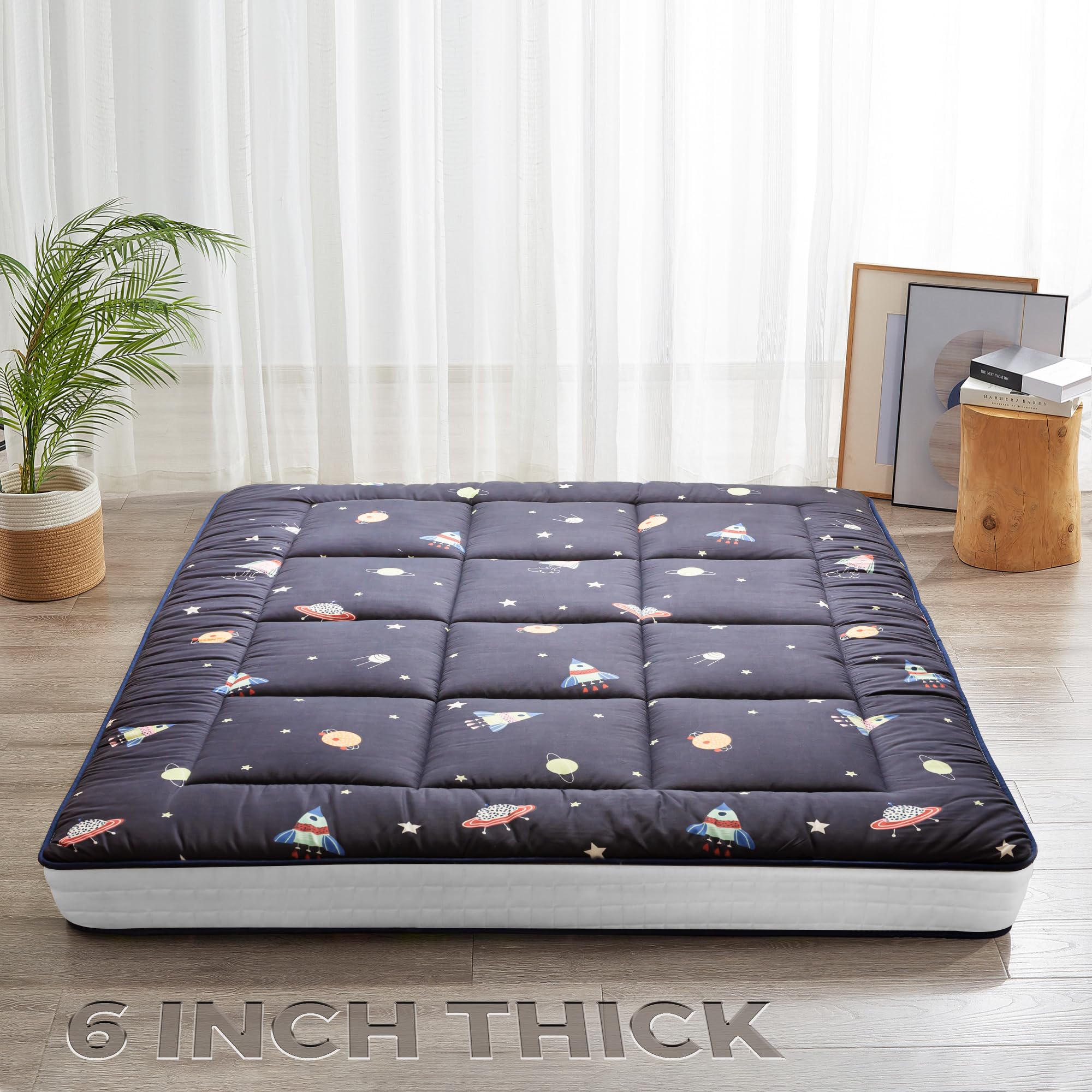 YOSHOOT 6 Inch Extra Thick Japanese Futon Floor Mattress, Foldable Mattress Tatami Pad Mattress for Adults Floor Bed Roll Up Mattress Guest Mattress, Navy Space, Queen