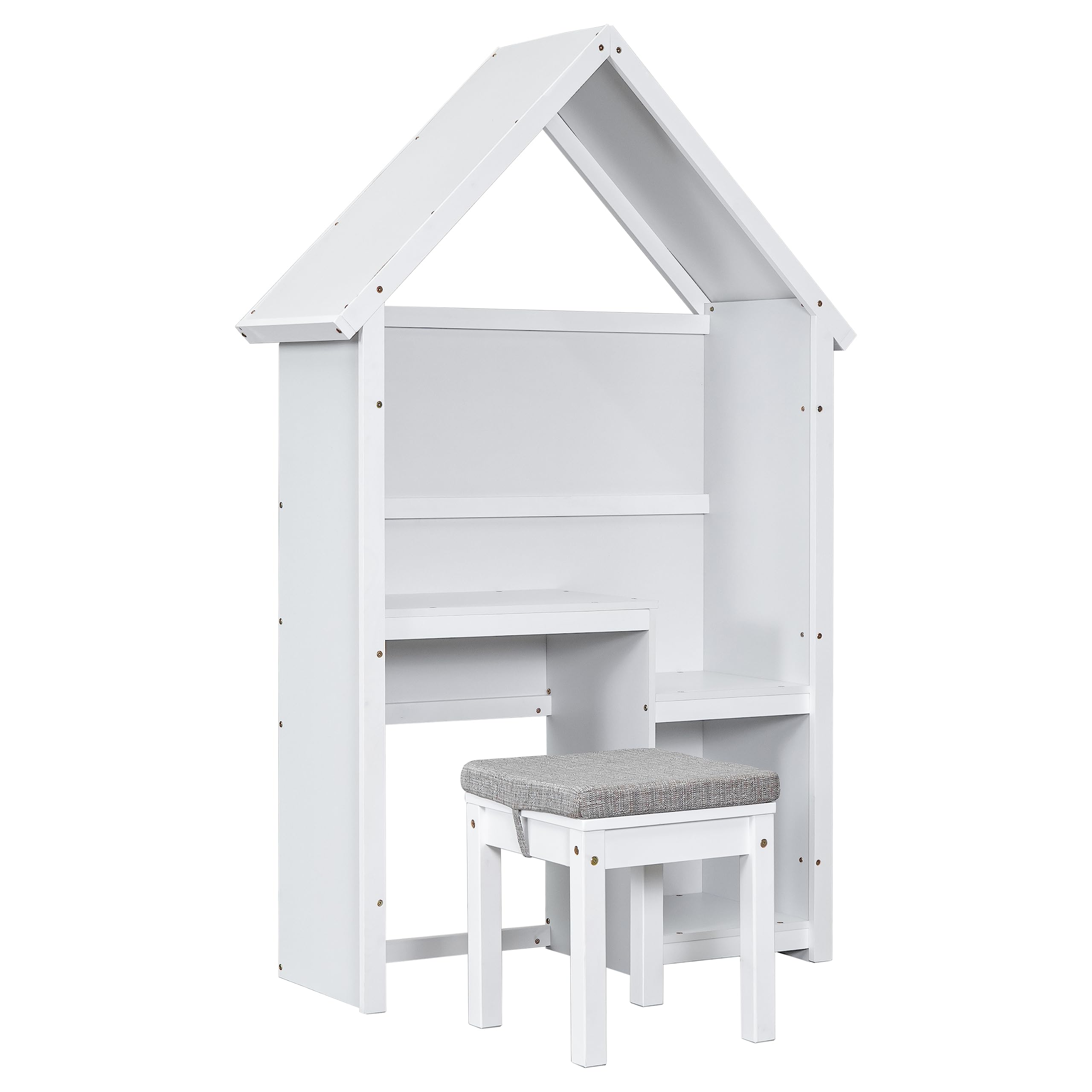 Bellemave Kids Desk and Chair Set Wood Study Desk with Storage and Cushion Stool House Shaped Art Table for Girls Boys Children, White