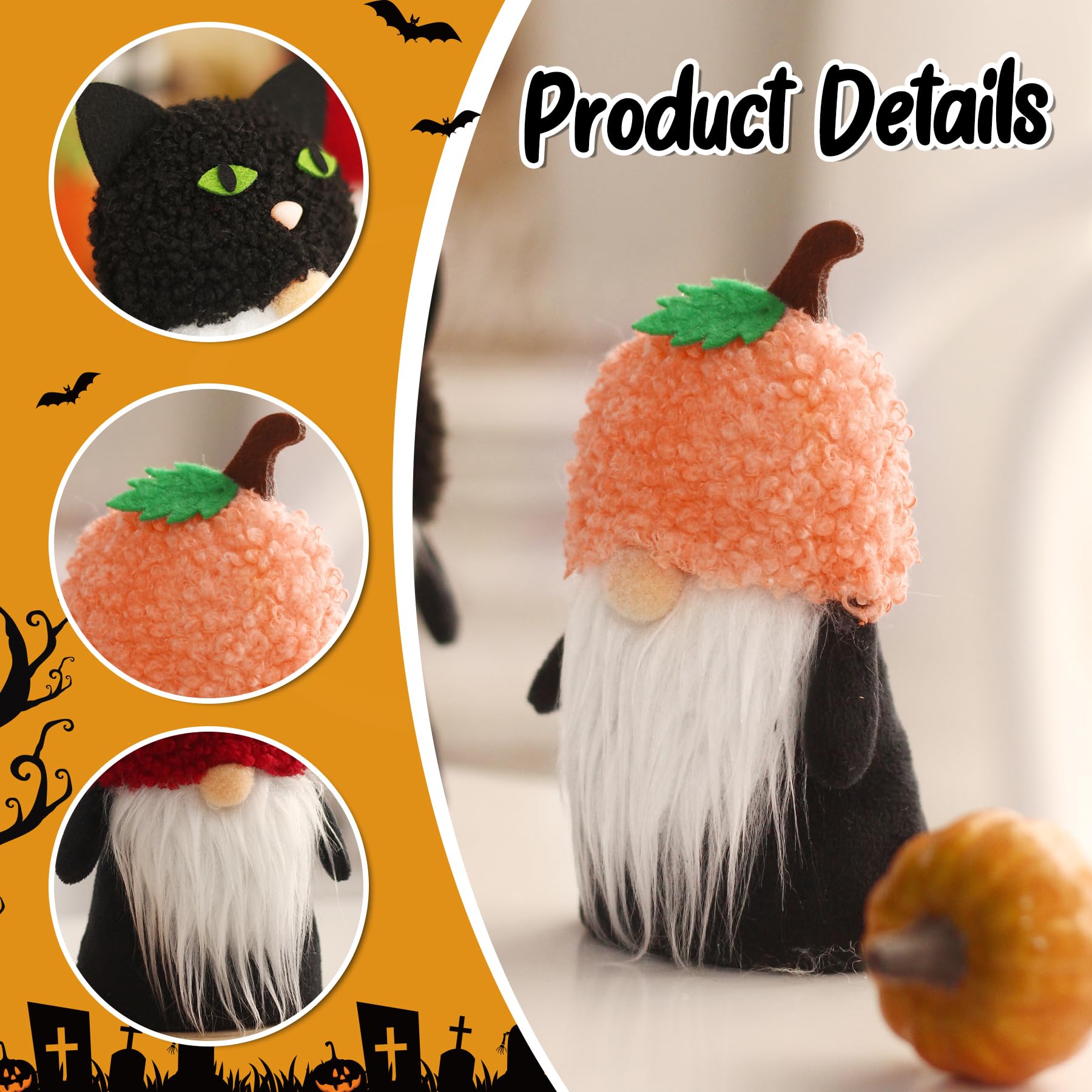 Kyhvoux Black Cat Gnomes Plush Decoration, 3 PCS Handmade Cute Elf Dolls Gift for Women Swedish Tomte Faceless Dwarf Winter Home Indoor Decor for Table Centerpieces Ornament Tiered Tray