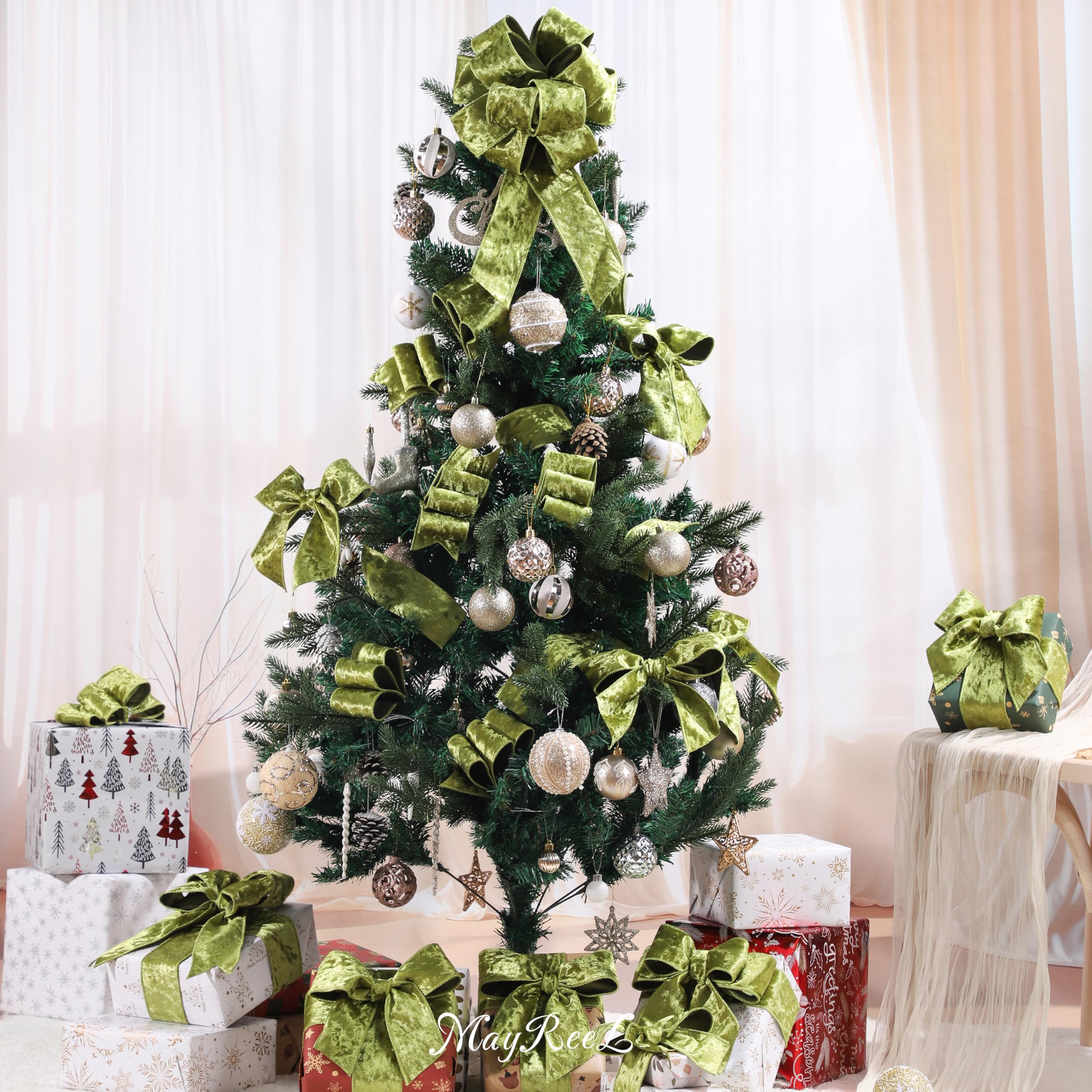 MAYREEL 2.5 Inch Moss Green Crushed Velvet Ribbon Wired for Christmas Decorations Gift Wrapping Wreaths Tree Toppers 10 Yards