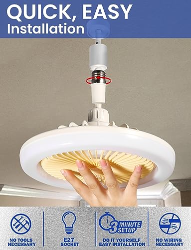 VONFAME Enclosed Ceiling Fan with Light and Remote Small 10-inch E27 Bladeless Ceiling Fans Dimmable LED Lights 3 Gear Wind Speeds Family Summer Gift for Garage Tool Room and Store Room(Yellow)