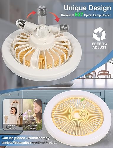 VONFAME Enclosed Ceiling Fan with Light and Remote Small 10-inch E27 Bladeless Ceiling Fans Dimmable LED Lights 3 Gear Wind Speeds Family Summer Gift for Garage Tool Room and Store Room(Yellow)